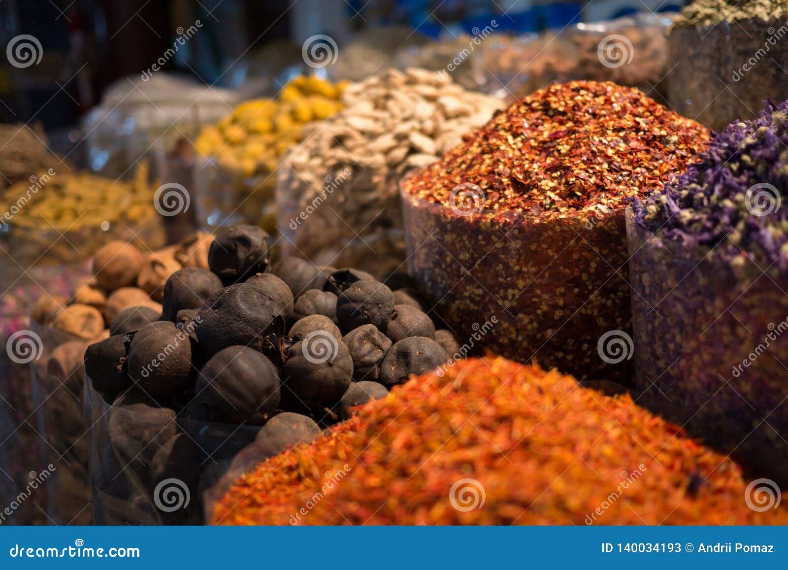 Different Colorful Spices in Boxes Sold at Market Stock Image - Image ...