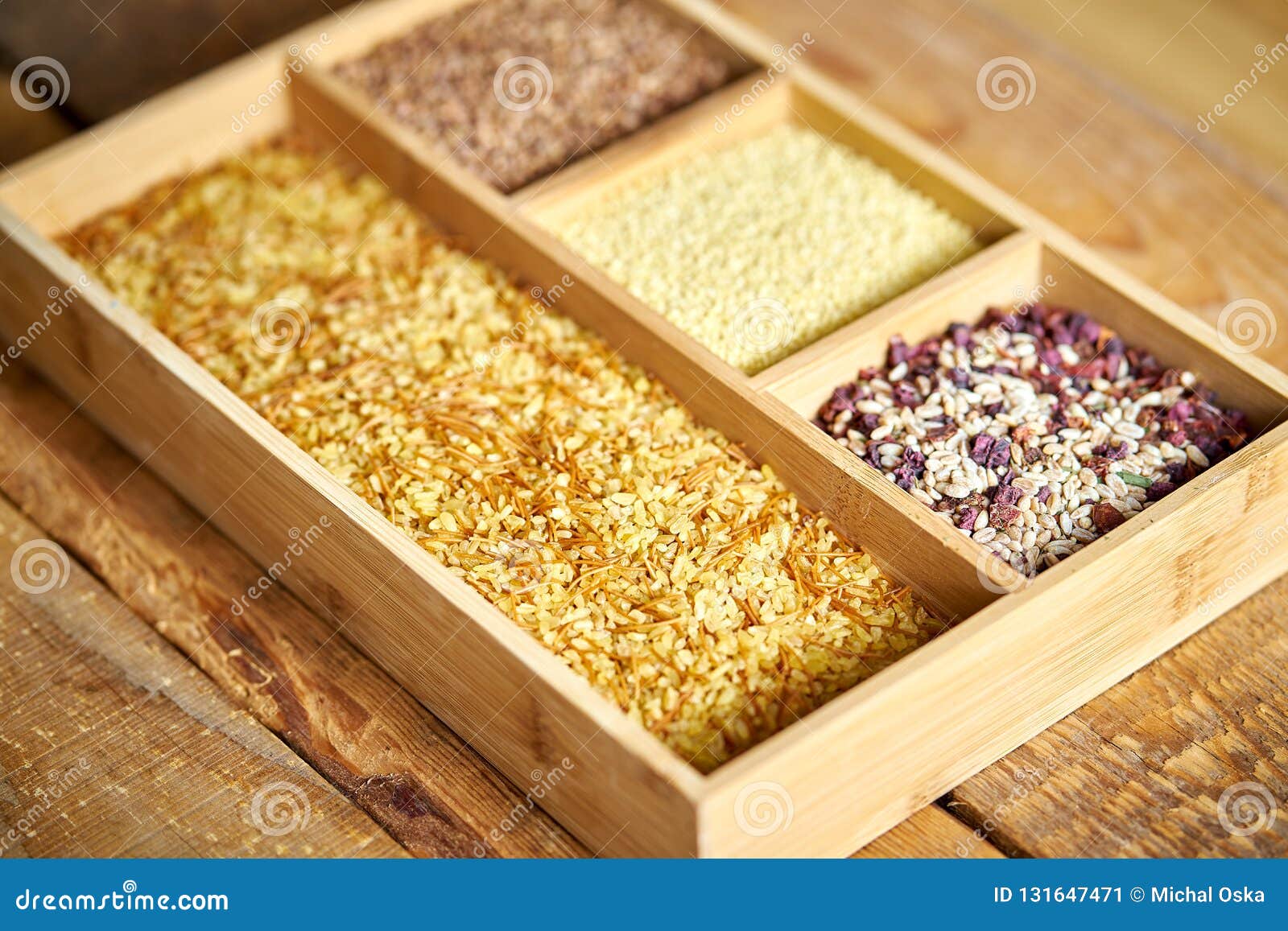 Different, Colorful Types of Groats in a Wooden Box Stock Image - Image ...