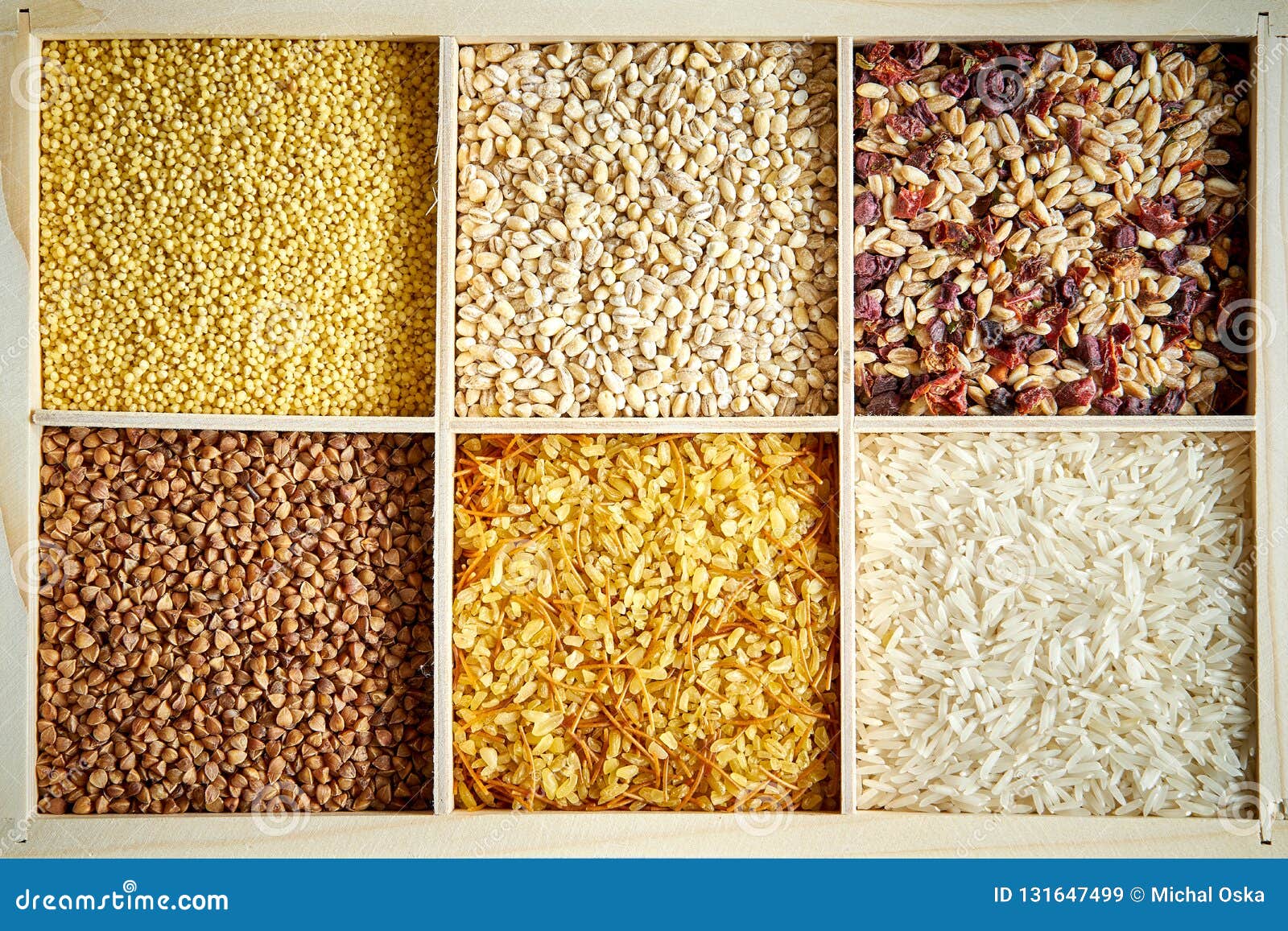 Different, Colorful Types of Groats in a Wooden Box Stock Image - Image ...