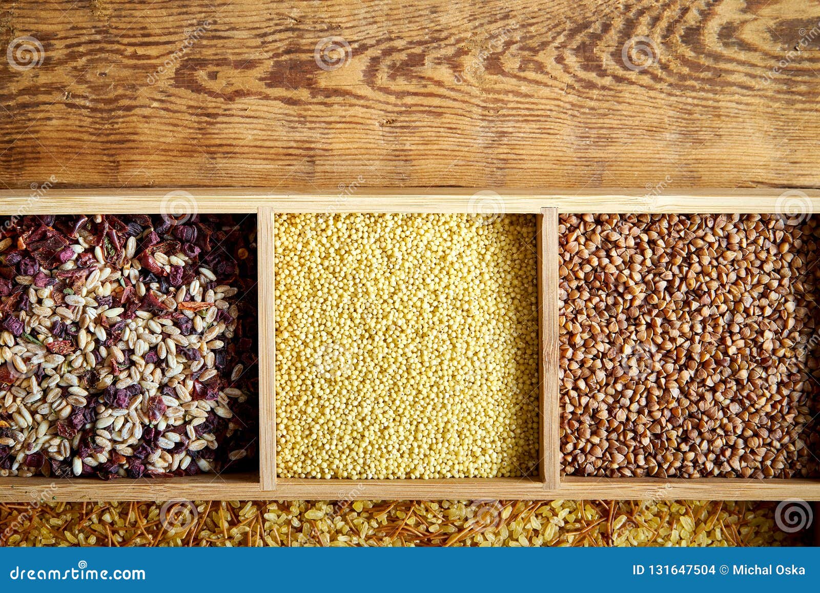 Different, Colorful Types of Groats in a Wooden Box Stock Photo - Image ...