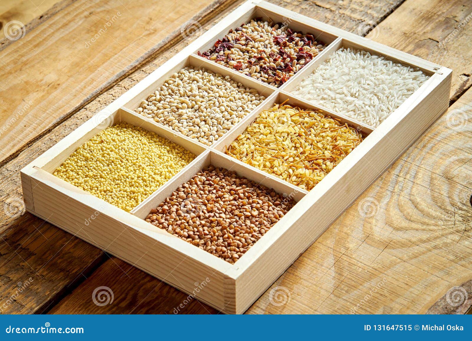 Different, Colorful Types of Groats in a Wooden Box Stock Image - Image ...