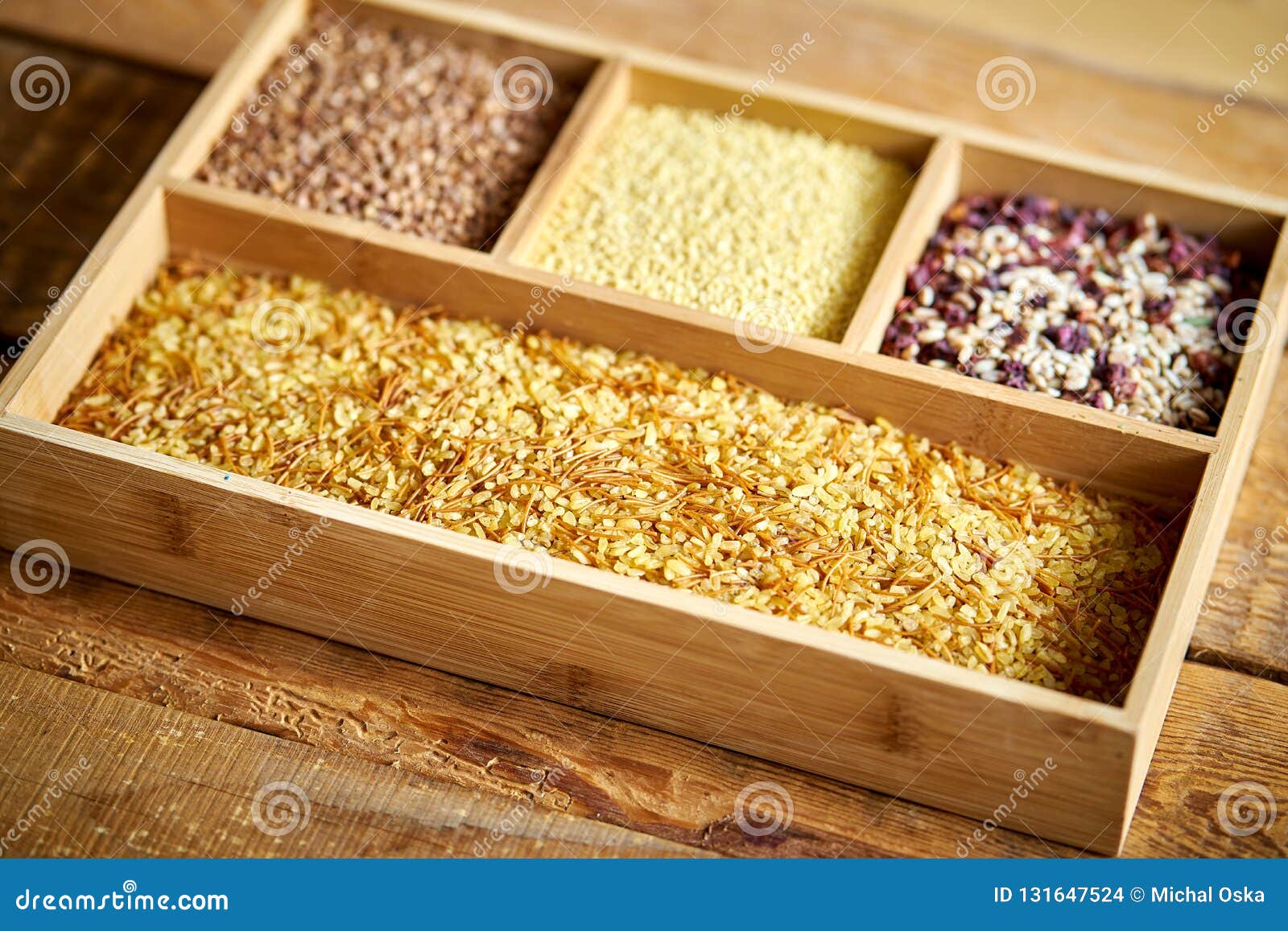 Different, Colorful Types of Groats in a Wooden Box Stock Photo - Image ...