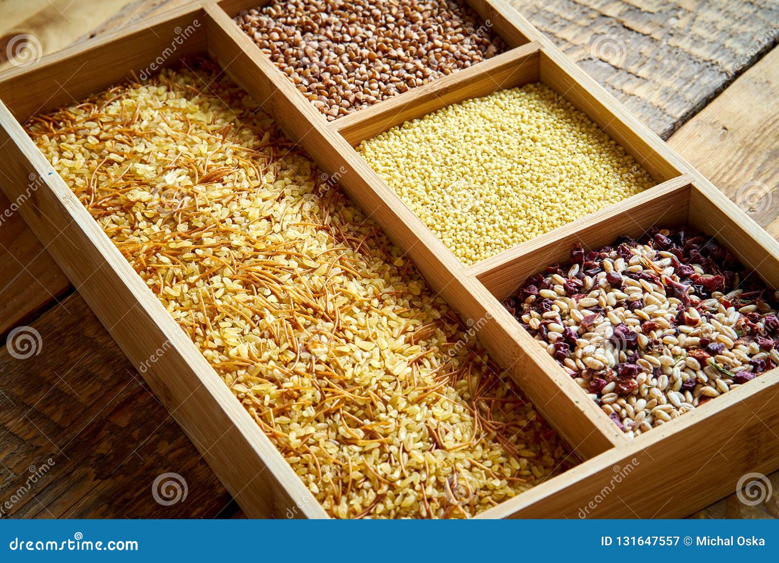 Different, Colorful Types of Groats in a Wooden Box Stock Image - Image ...