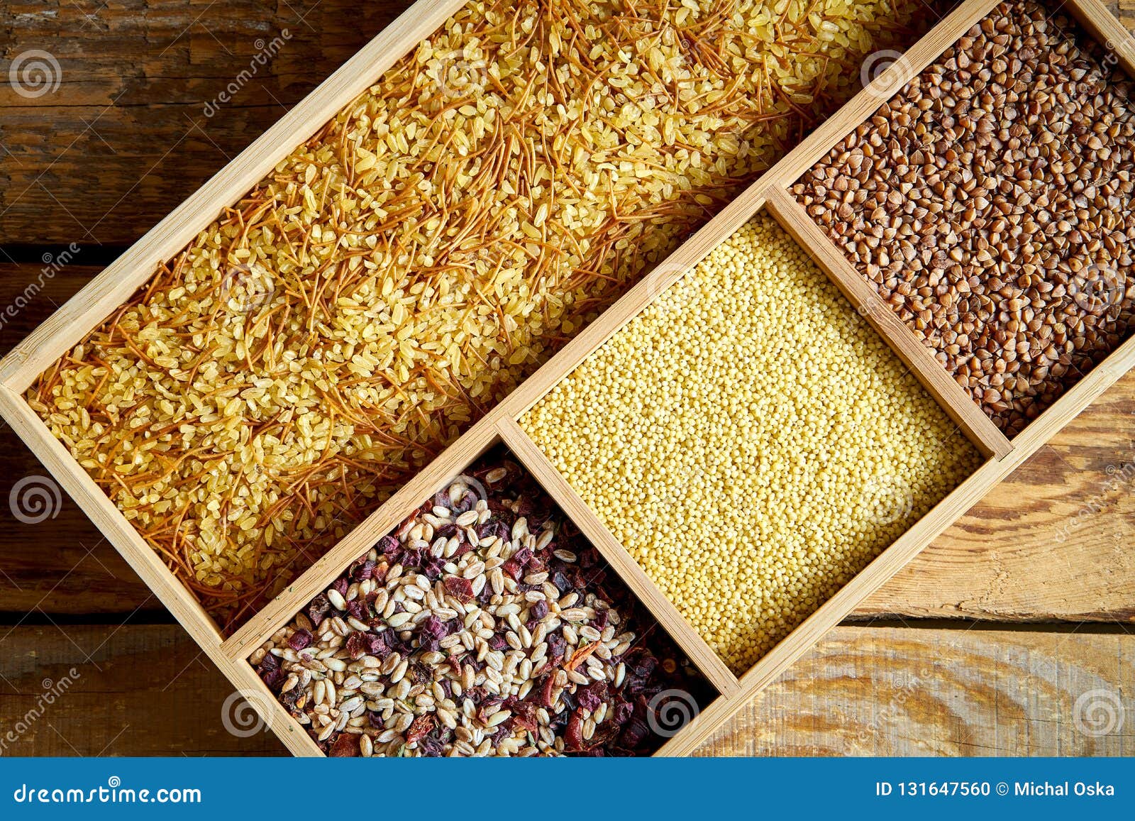 Different, Colorful Types of Groats in a Wooden Box Stock Photo - Image ...