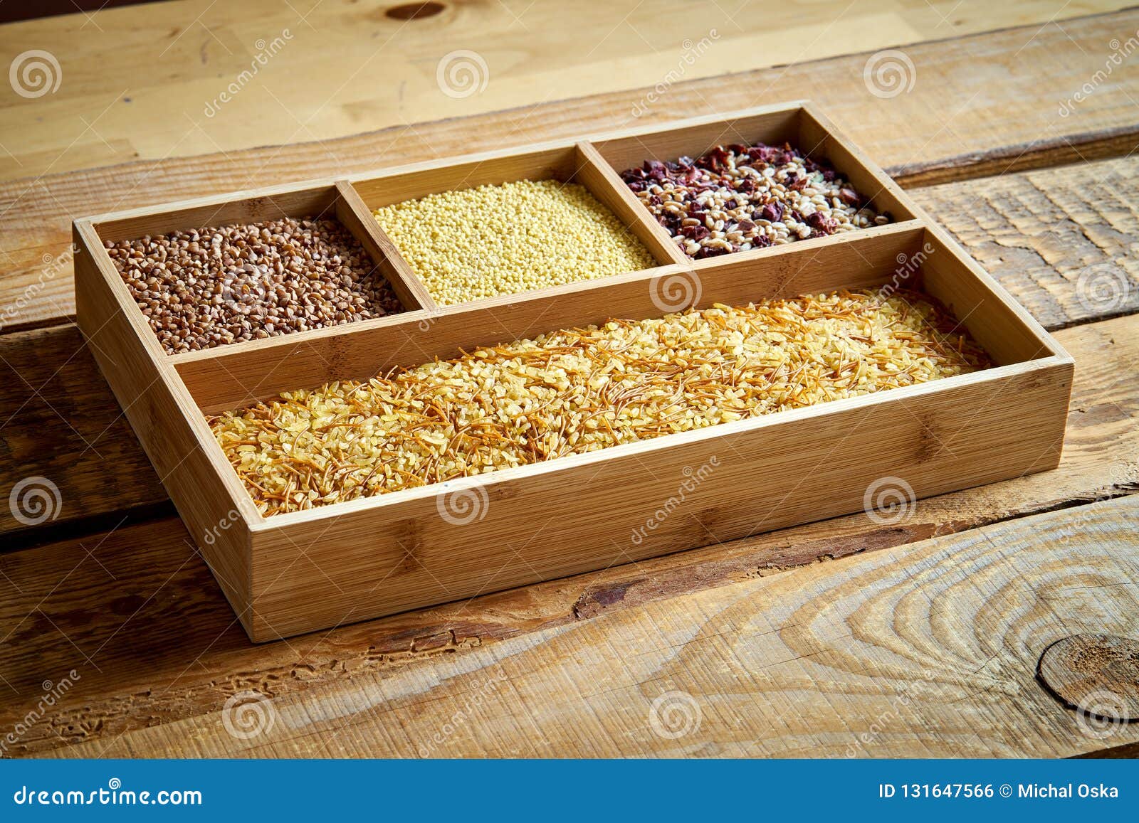 Different, Colorful Types of Groats in a Wooden Box Stock Photo - Image ...