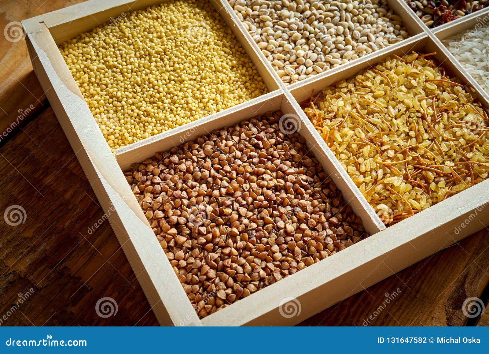 Different, Colorful Types of Groats in a Wooden Box Stock Photo - Image ...