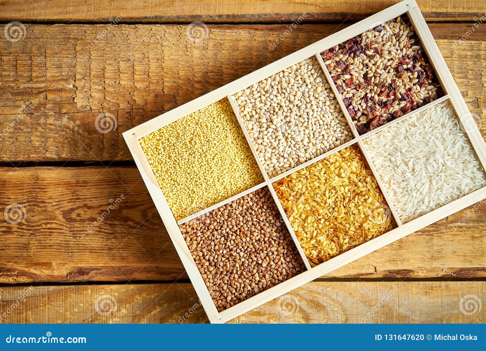 Different, Colorful Types of Groats in a Wooden Box Stock Photo - Image ...