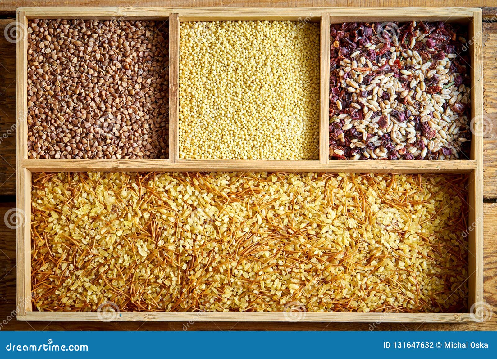 Different, Colorful Types of Groats in a Wooden Box Stock Photo - Image ...