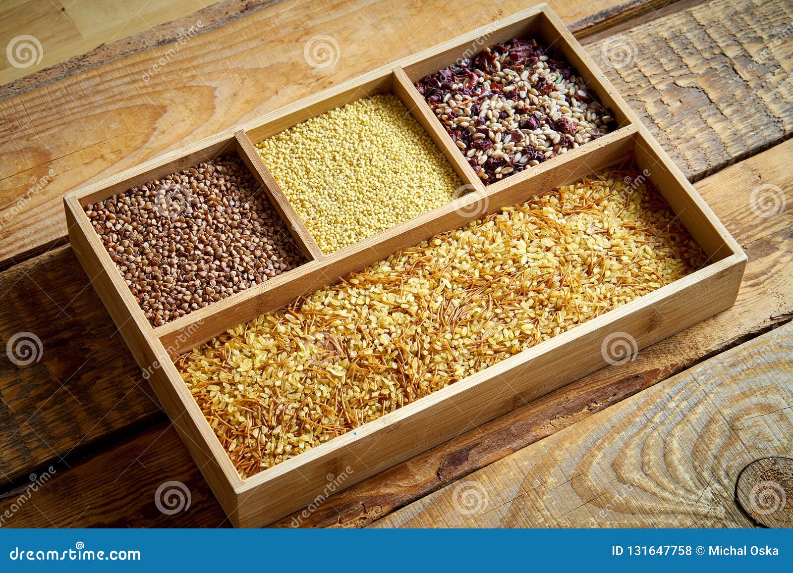 Different, Colorful Types of Groats in a Wooden Box Stock Photo - Image ...