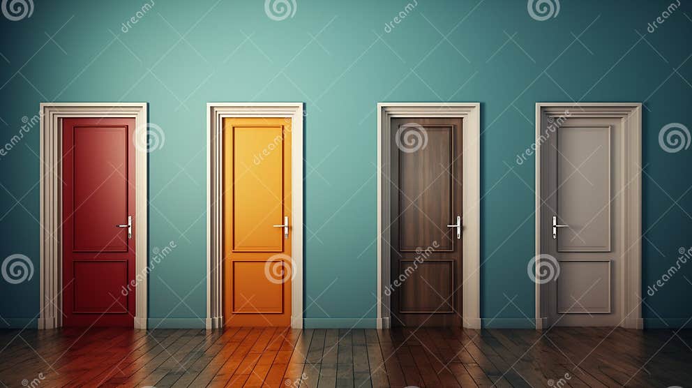 Different Colors of Doors on Sky Blue Wall Stock Illustration ...