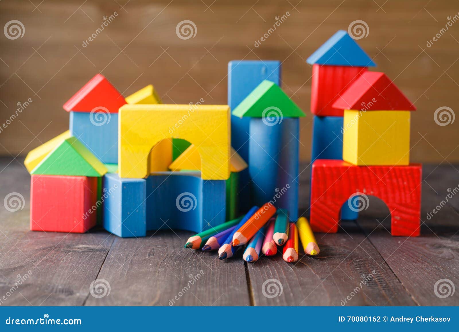 Different Colors of Pencils Ontable with Building Blocks Stock Photo ...