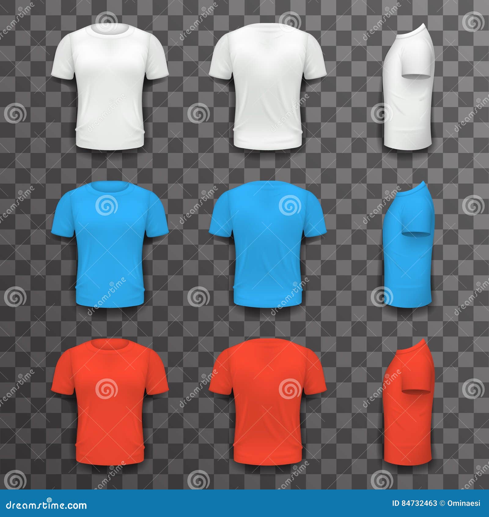 Different Colors T-shirt Front Side Back View Template Realistic 3d ...