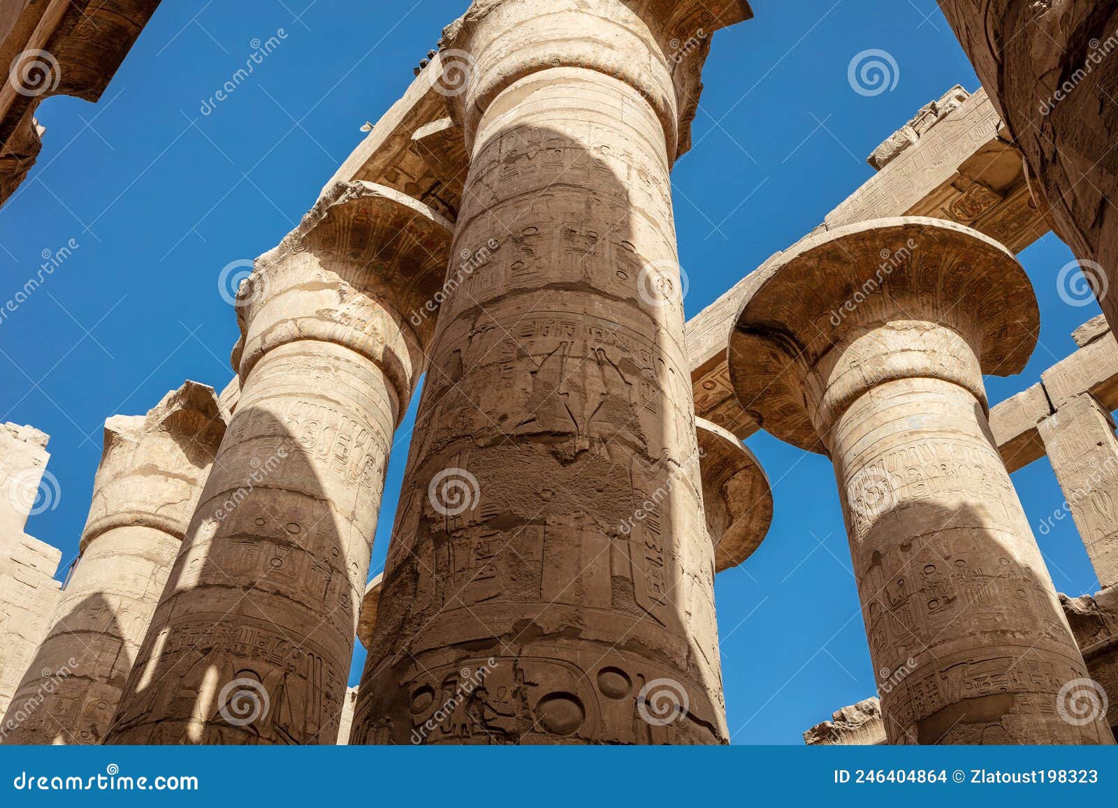 Different Columns With Hieroglyphs In Karnak Temple. Karnak Temple Is ...