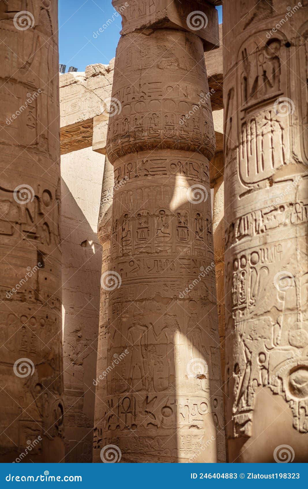 Different Columns With Hieroglyphs In Karnak Temple. Karnak Temple Is ...