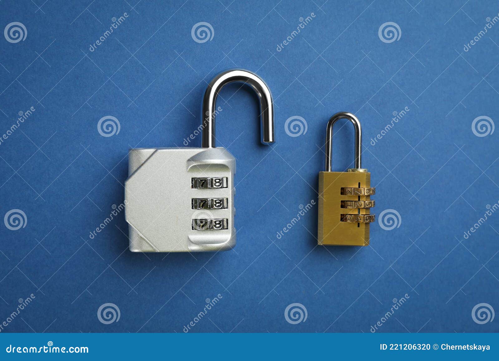 Different Combination Locks on Blue Background, Flat Lay Stock Photo ...