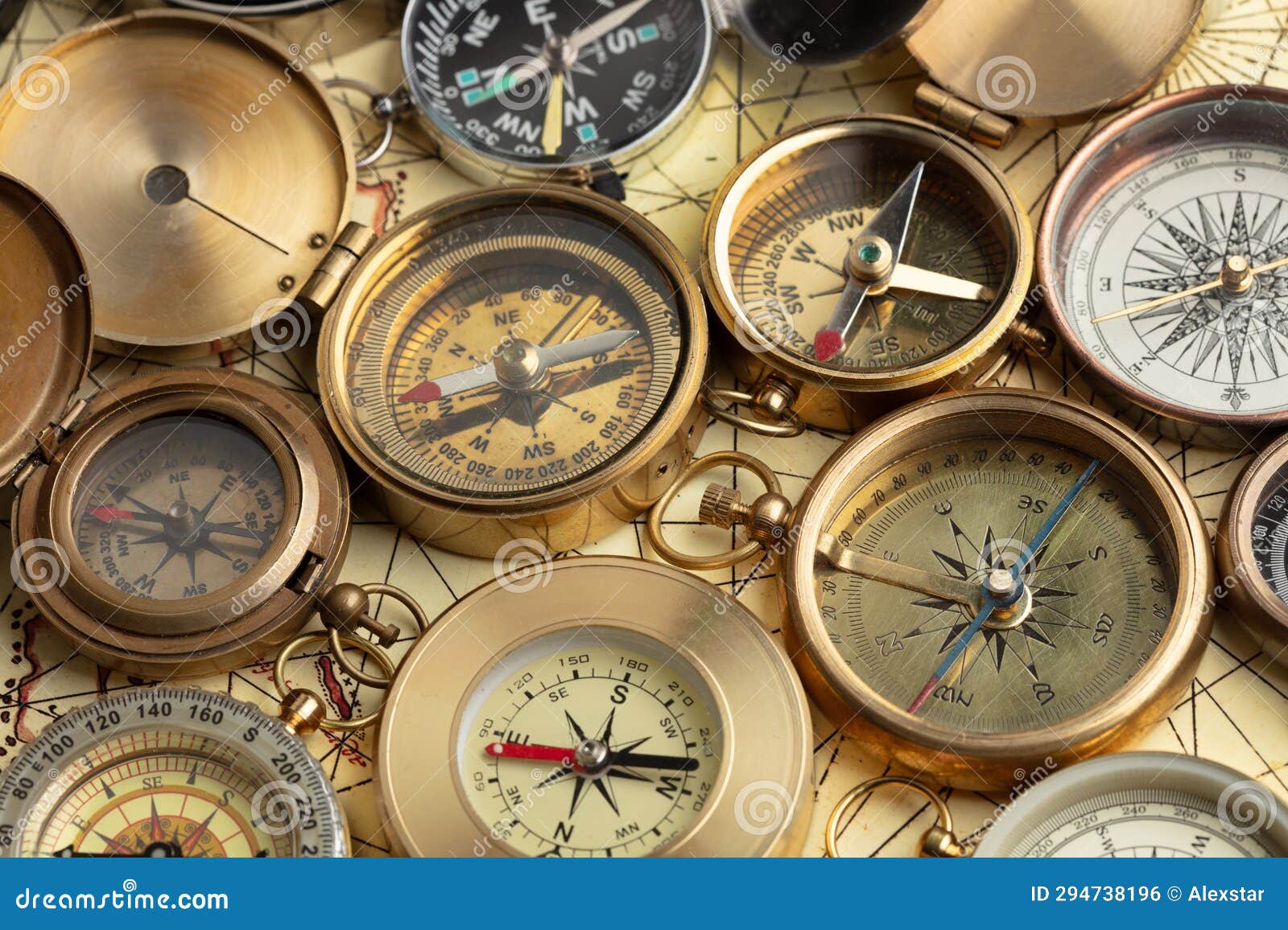 Different Compasses on Old Map Stock Photo - Image of atlas, object ...
