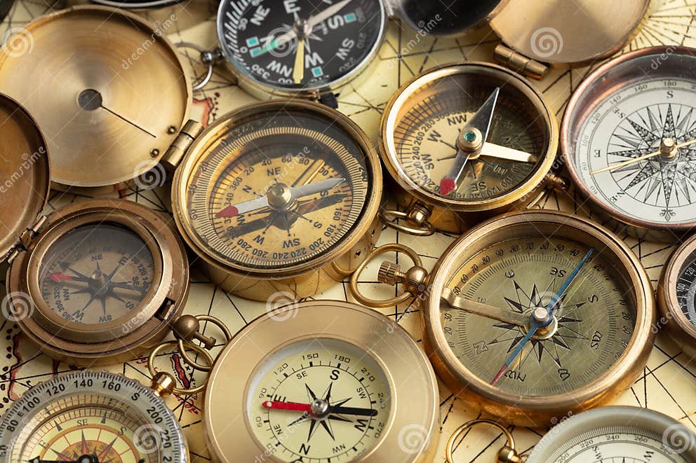 Different Compasses on Old Map Stock Photo - Image of atlas, object ...