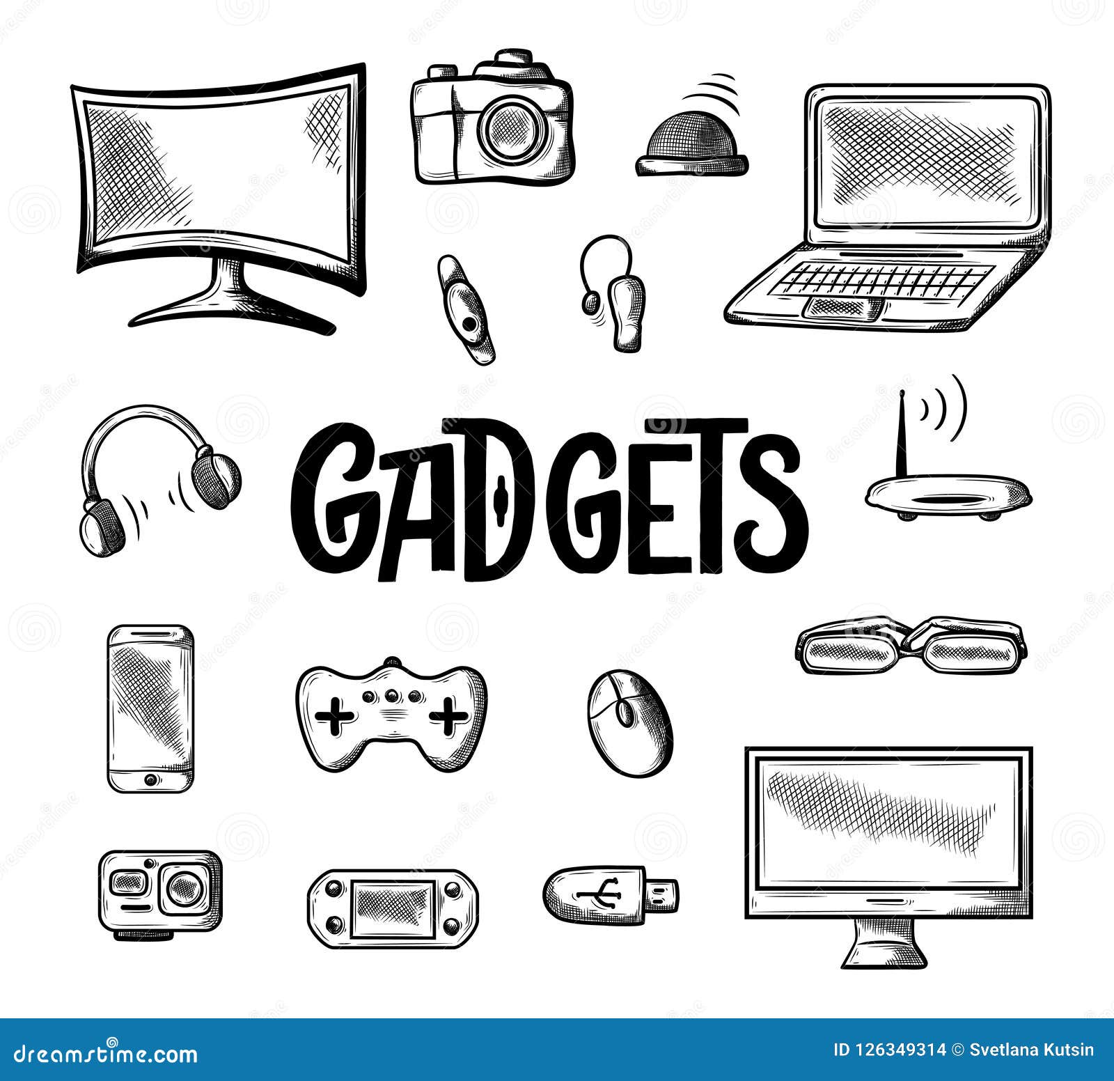 Different Computer Gadgets Icon. Doodle Illustration Isolated on White ... Different Computer Gadgets Icon. Doodle Illustration Isolated on White ...