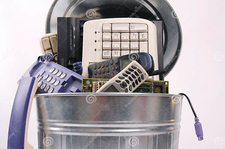 Different Computer Parts in Trash Can Stock Photo - Image of disk ...