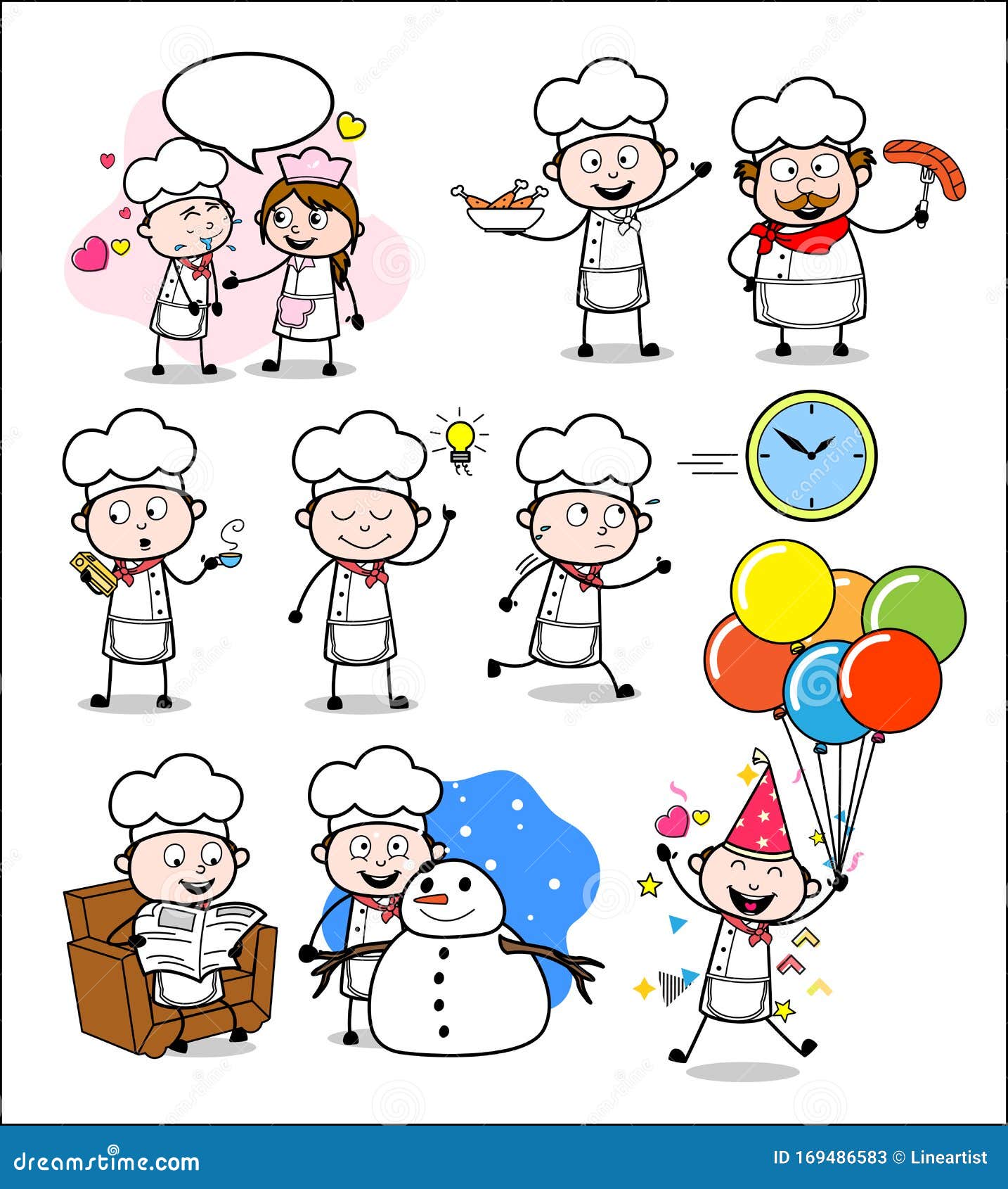 Different Concepts of Cartoon Chef - Set of Comic Vector Illustrations ...