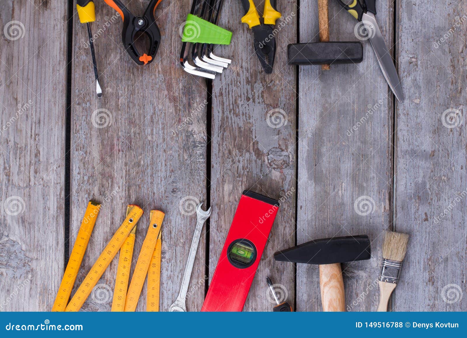 Different Construction Tools on Wooden Background. Stock Photo - Image ...