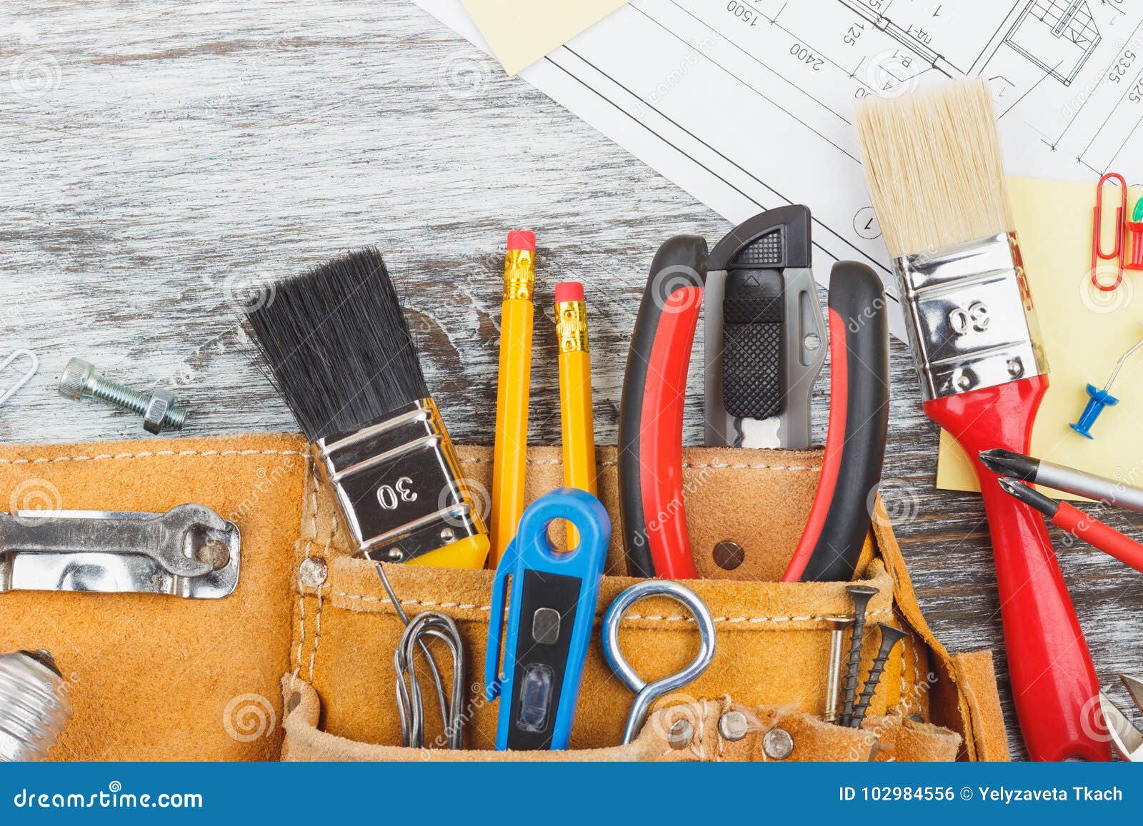 Different Construction Tools, Wooden Background Stock Photo - Image of ...