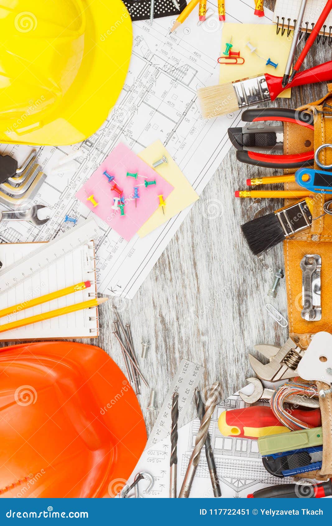 Different Construction Tools, Wooden Background Stock Image - Image of ...