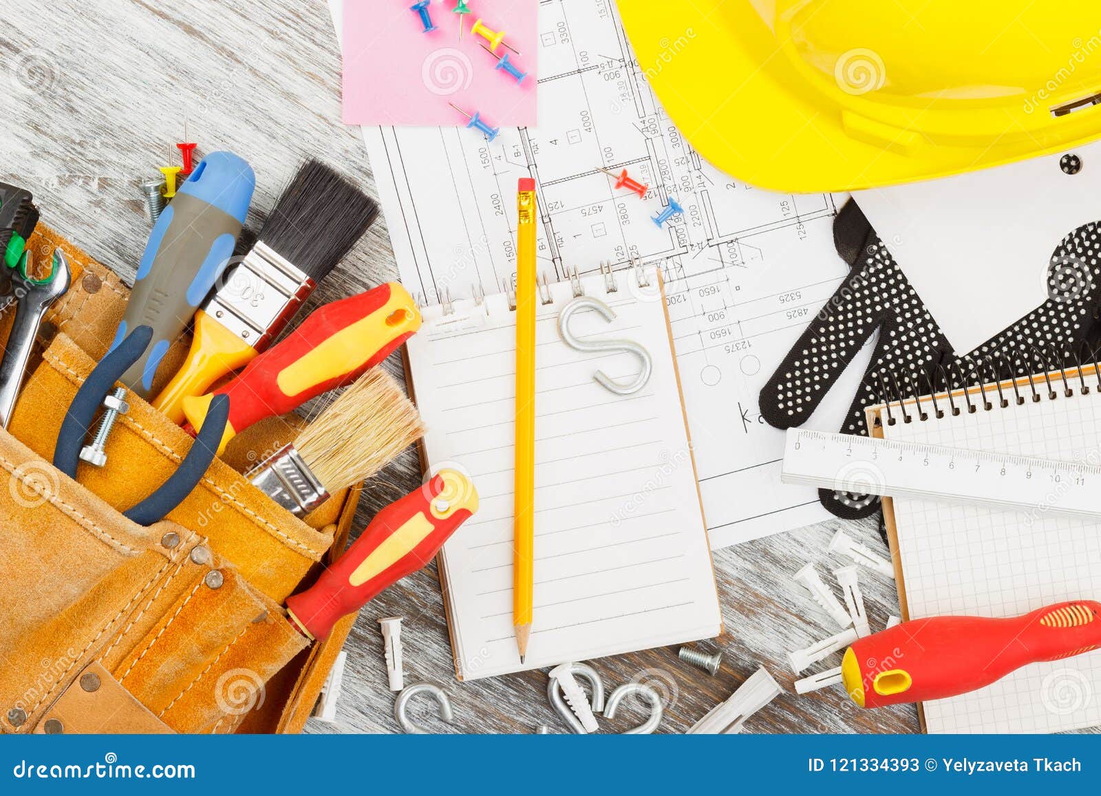 Different Construction Tools, Wooden Background Stock Image - Image of ...