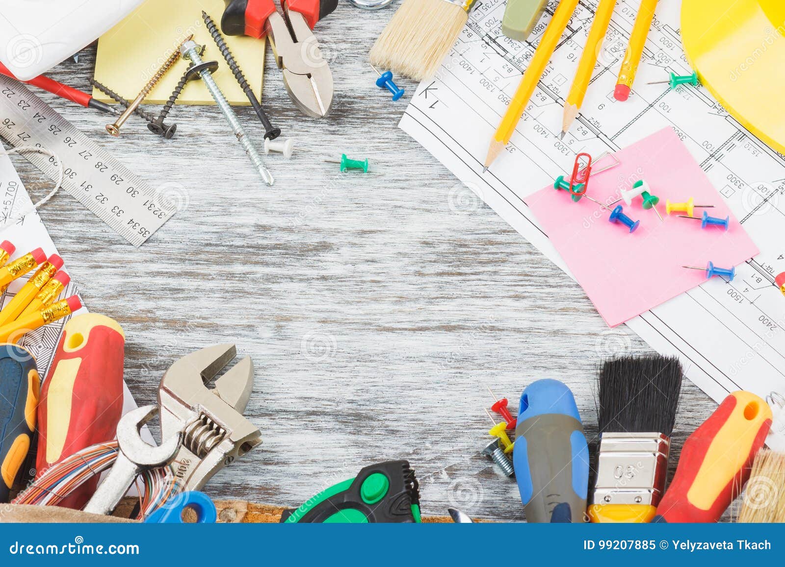 Different Construction Tools, Wooden Background Stock Image - Image of ...