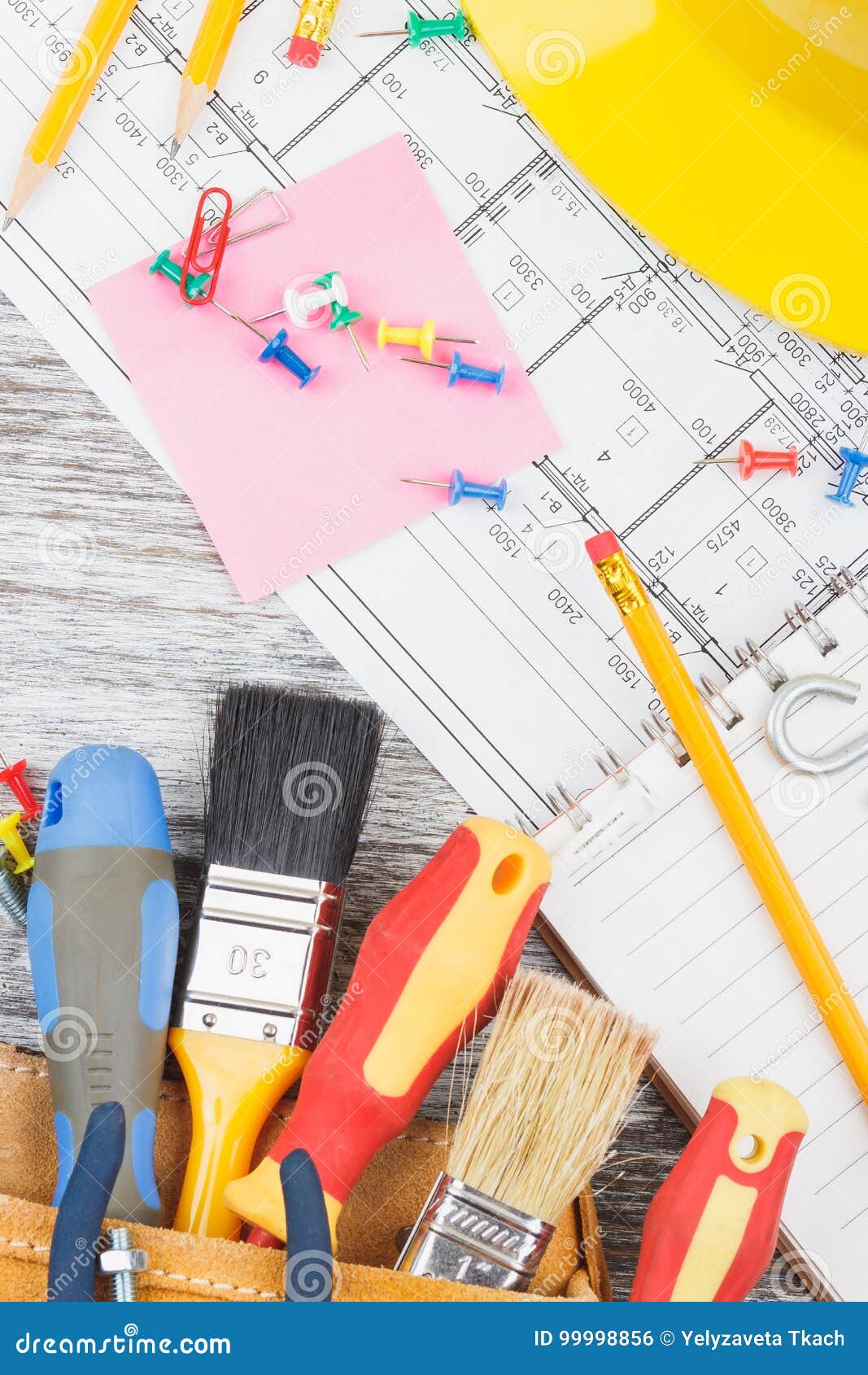 Different Construction Tools, Wooden Background Stock Photo - Image of ...