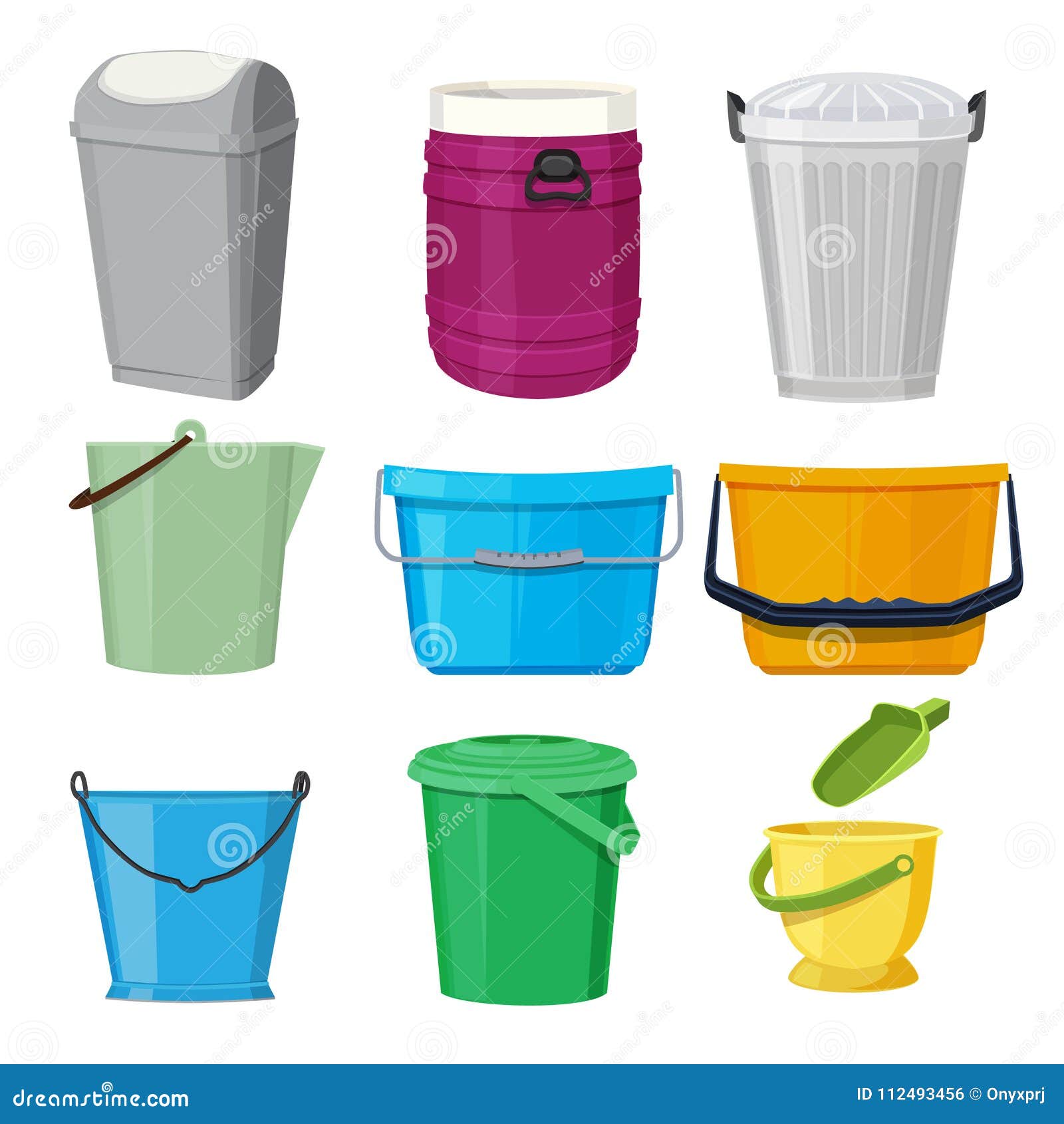 Different Containers And Buckets. Vector Illustrations In Cartoon Style ...