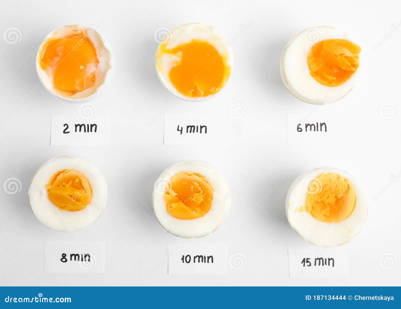 Different Cooking Time and Readiness Stages of Boiled Chicken Eggs on ...