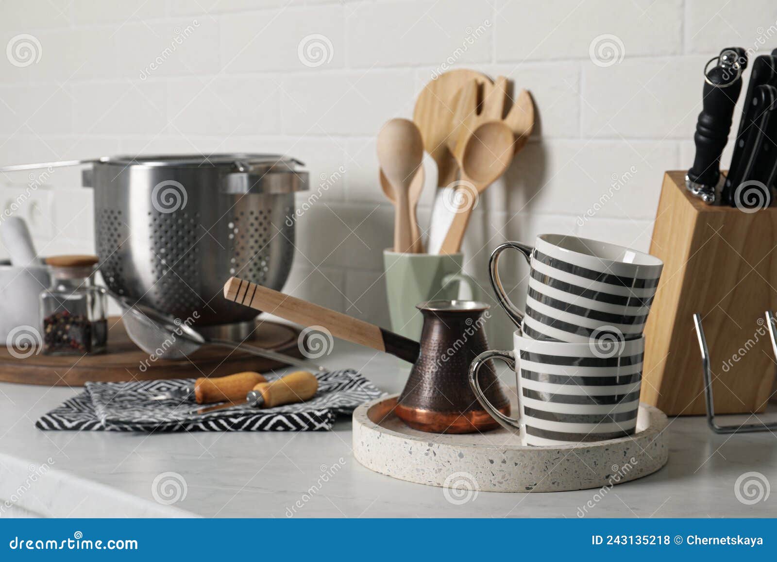 Different Cooking Utensils on Countertop in Kitchen Stock Photo - Image ...