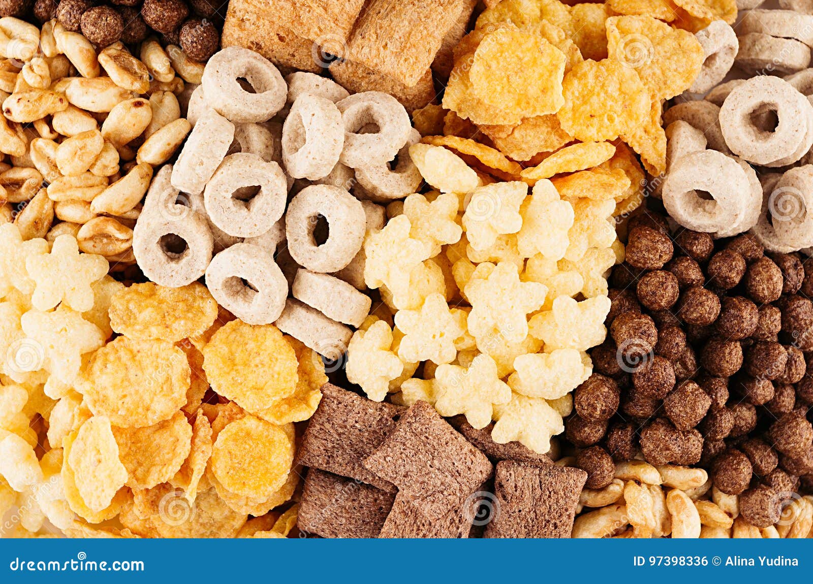 Different Corn Flakes Top View, Cereals Background. Stock Photo - Image ...