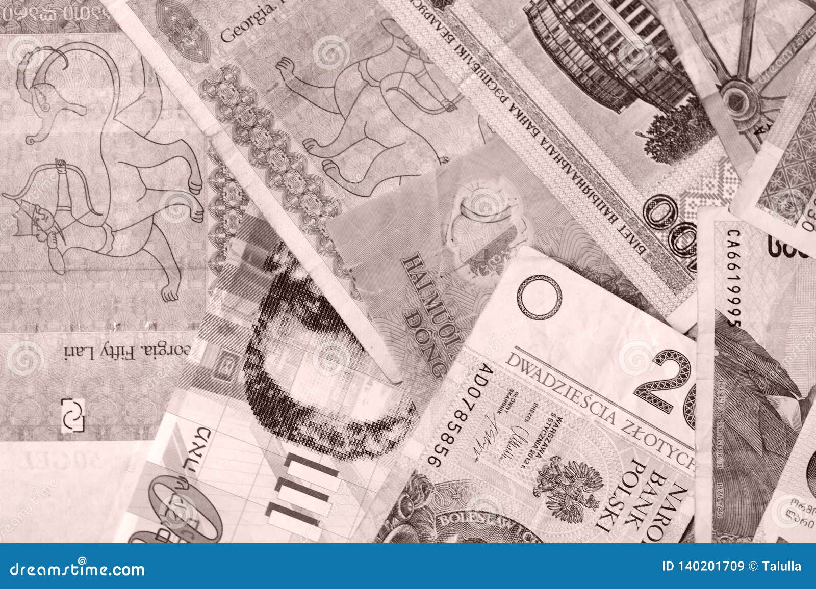 Different Countries Money Background. Brown Color Toned Stock Image ...