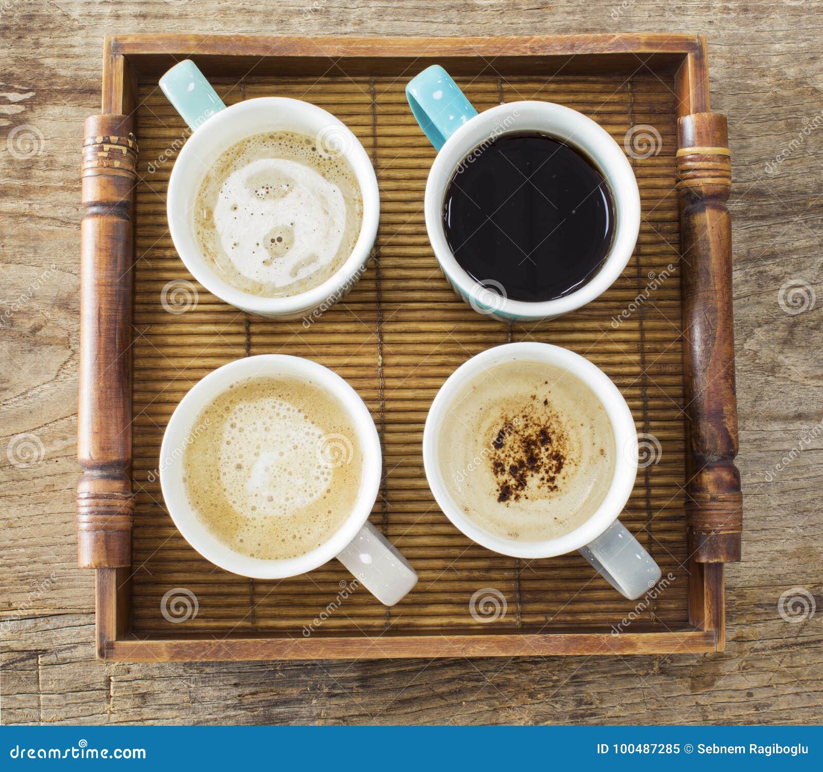 Different Cups of Coffee on Wooden Table Stock Image - Image of ...