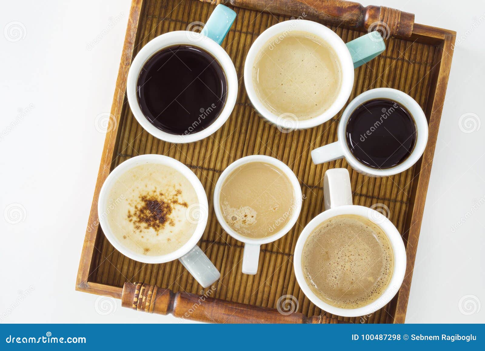Different Cups of Coffee on Wooden Table Stock Photo - Image of angle ...