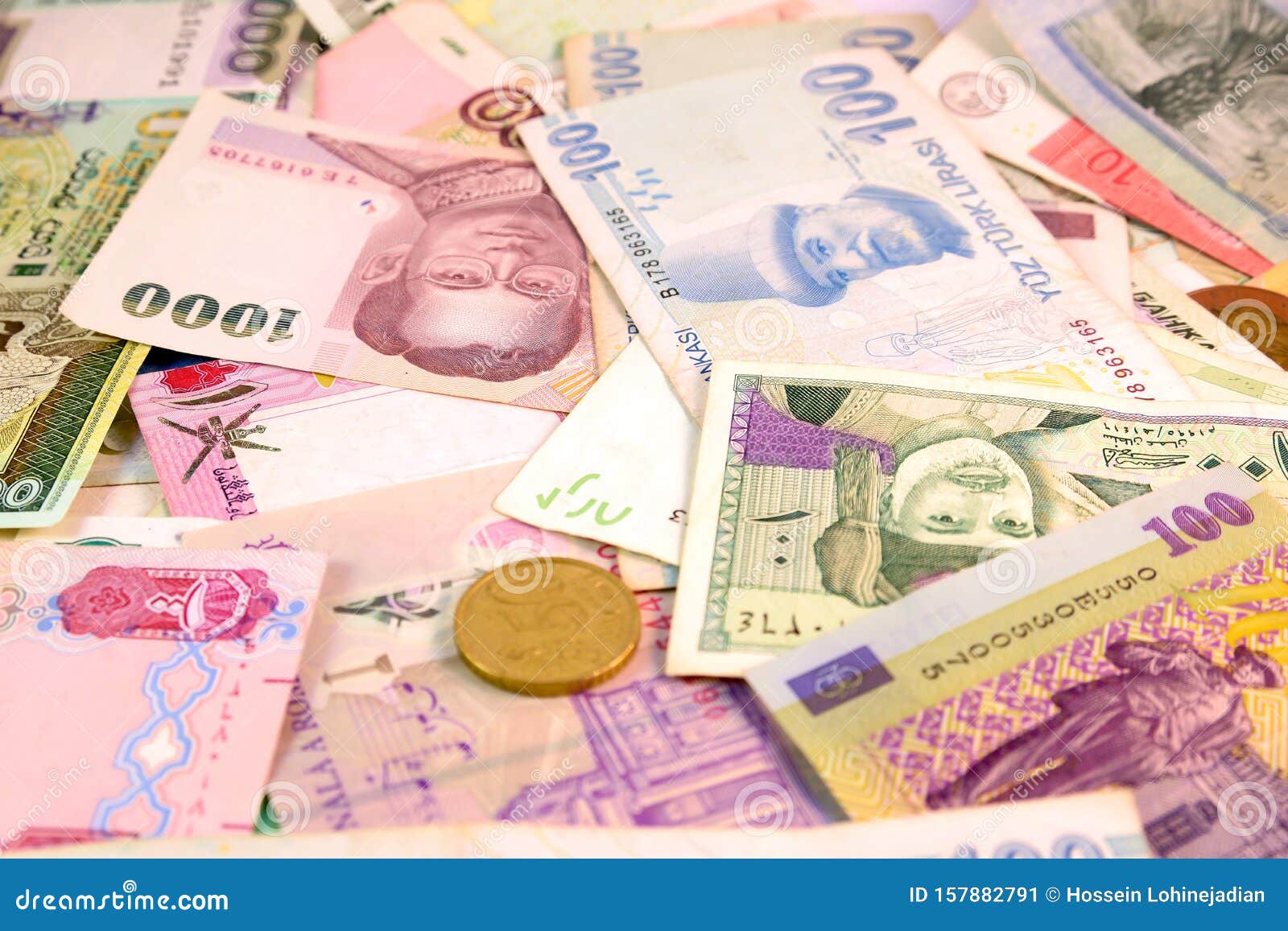 Different Currency Note and Coins from Different Countries Background ...