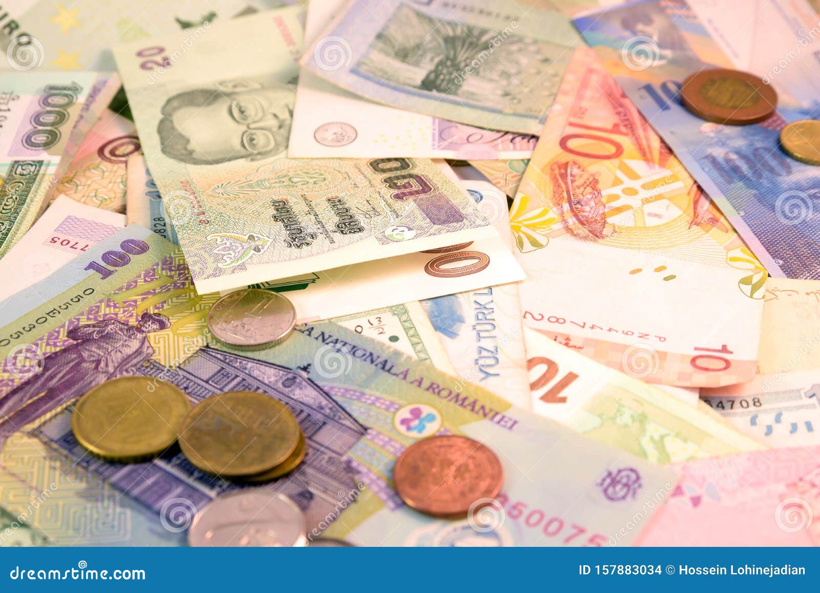 Different Currency Note and Coins from Different Countries Background ...