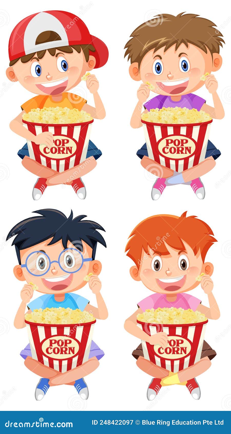 Different Cute Boys Eating Popcorn Stock Vector - Illustration of ...