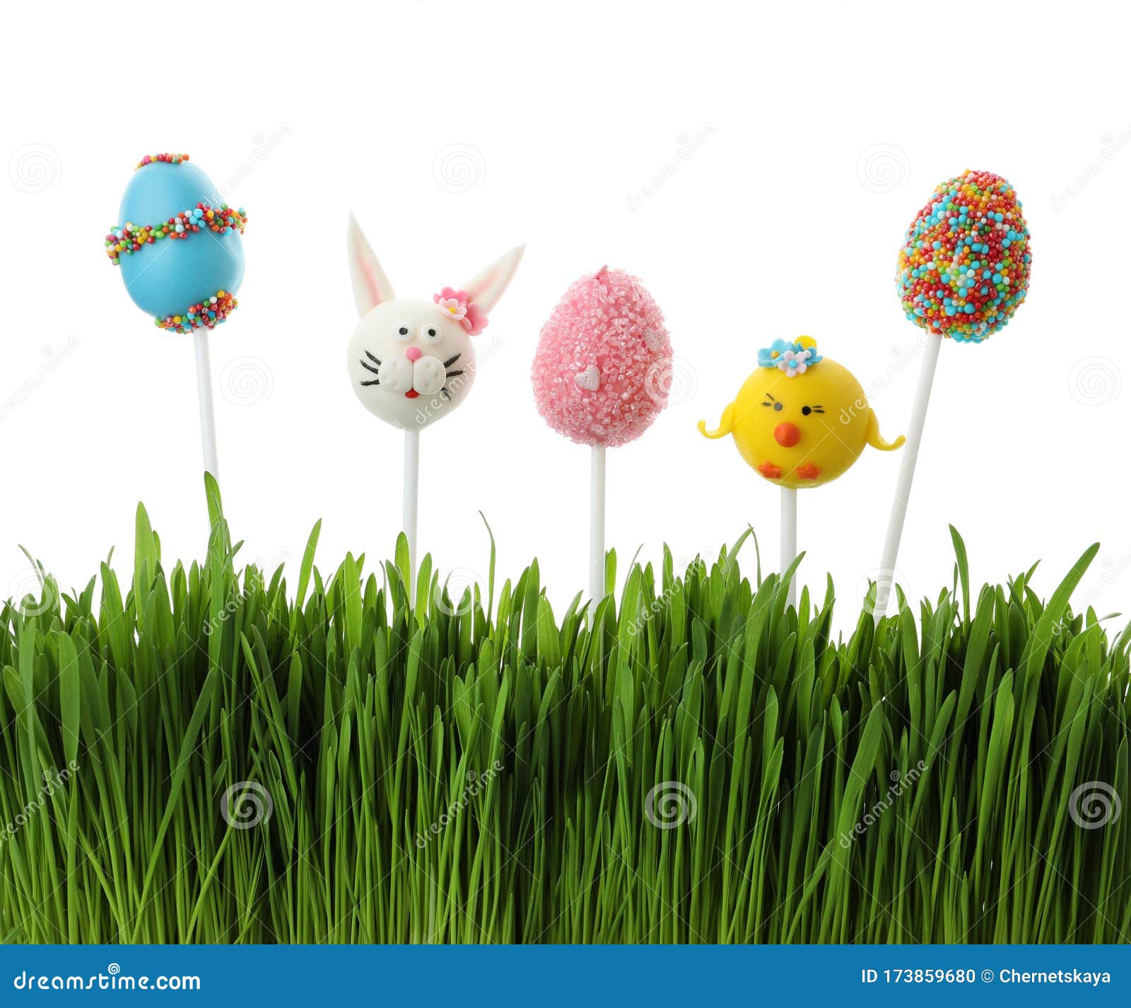 Different Delicious Cake Pops for Easter Celebration and Grass on White ...
