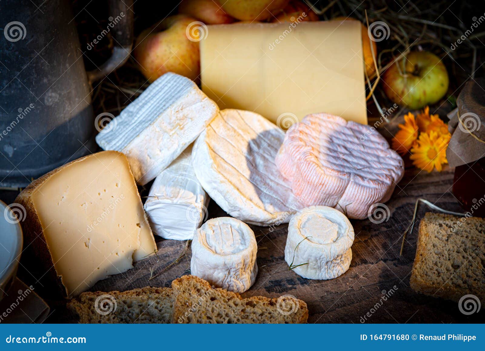 Different Delicious French Cheeses on Rustic Table Stock Photo - Image ...