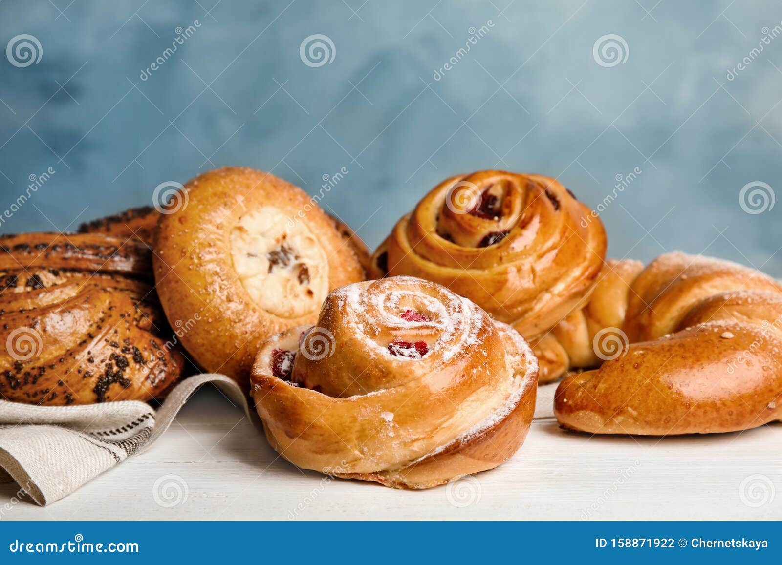 Different Delicious Fresh Pastries on Table Stock Photo - Image of ...