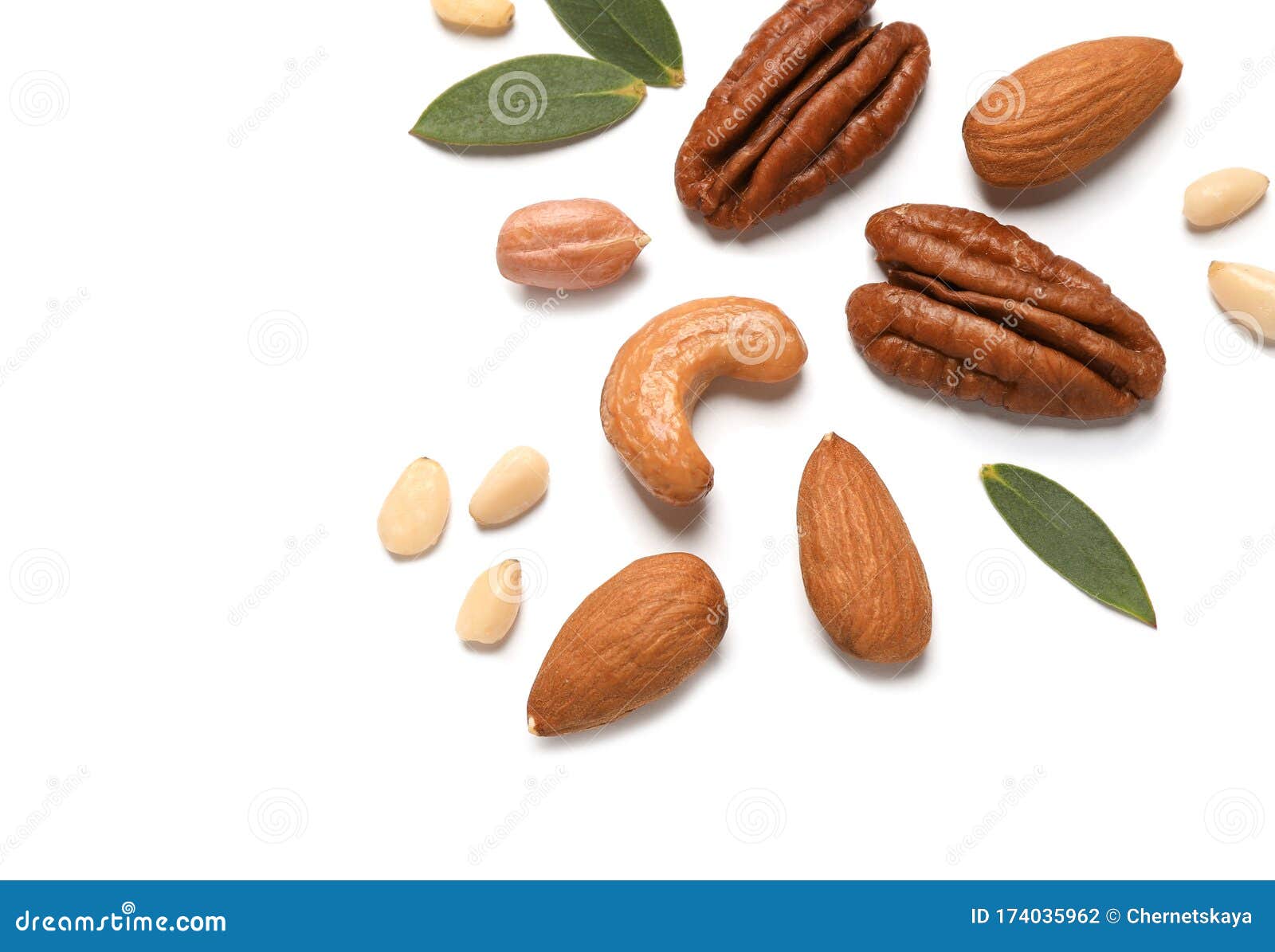 Different Delicious Nuts on White Background, Flat Lay. Space for Text ...