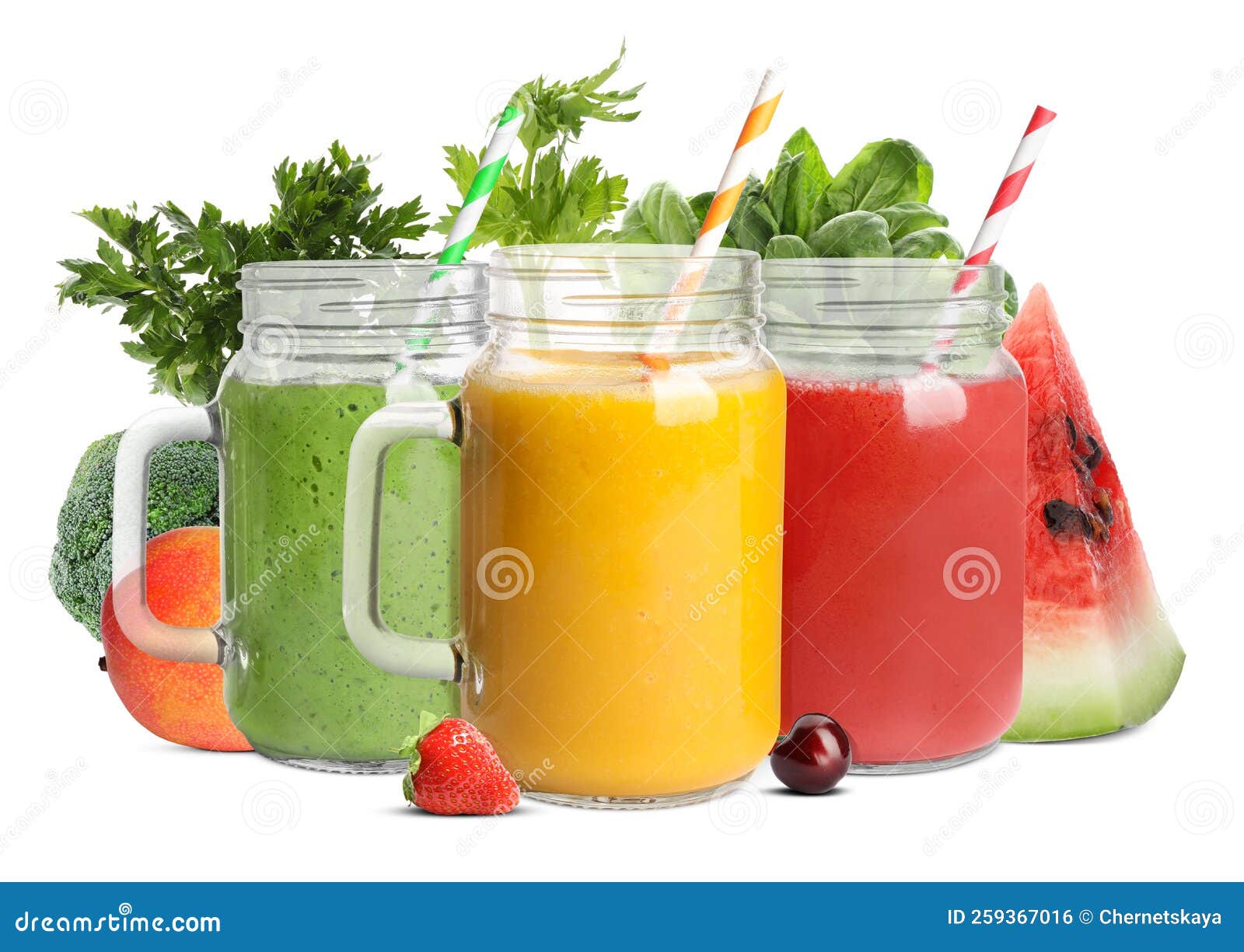 Different Delicious Smoothies in Mason Jars on White Background Stock ...