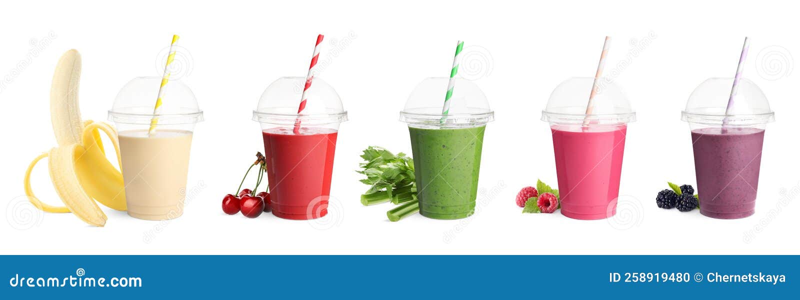 Different Delicious Smoothies in Plastic Cups on White Background ...