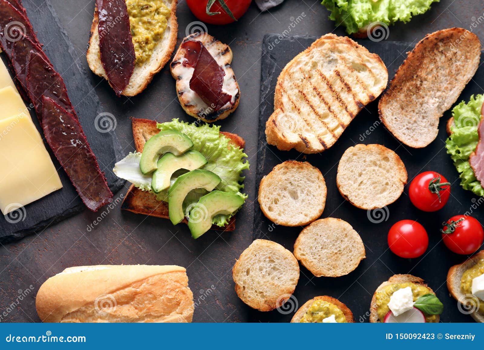 Different Delicious Toasts on Table Stock Image - Image of pastirma ...