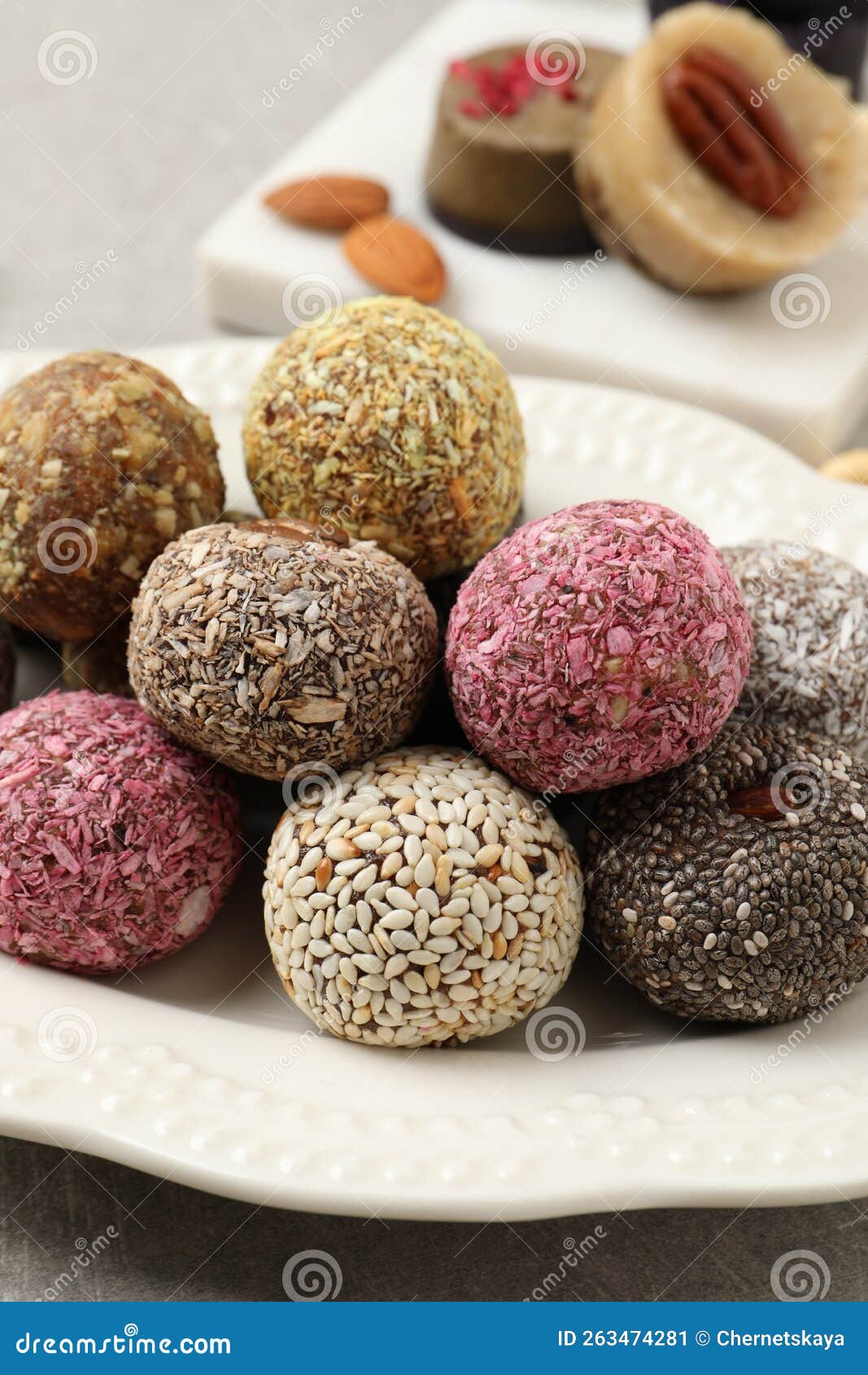 Different Delicious Vegan Candy Balls on Table, Closeup Stock Image ...