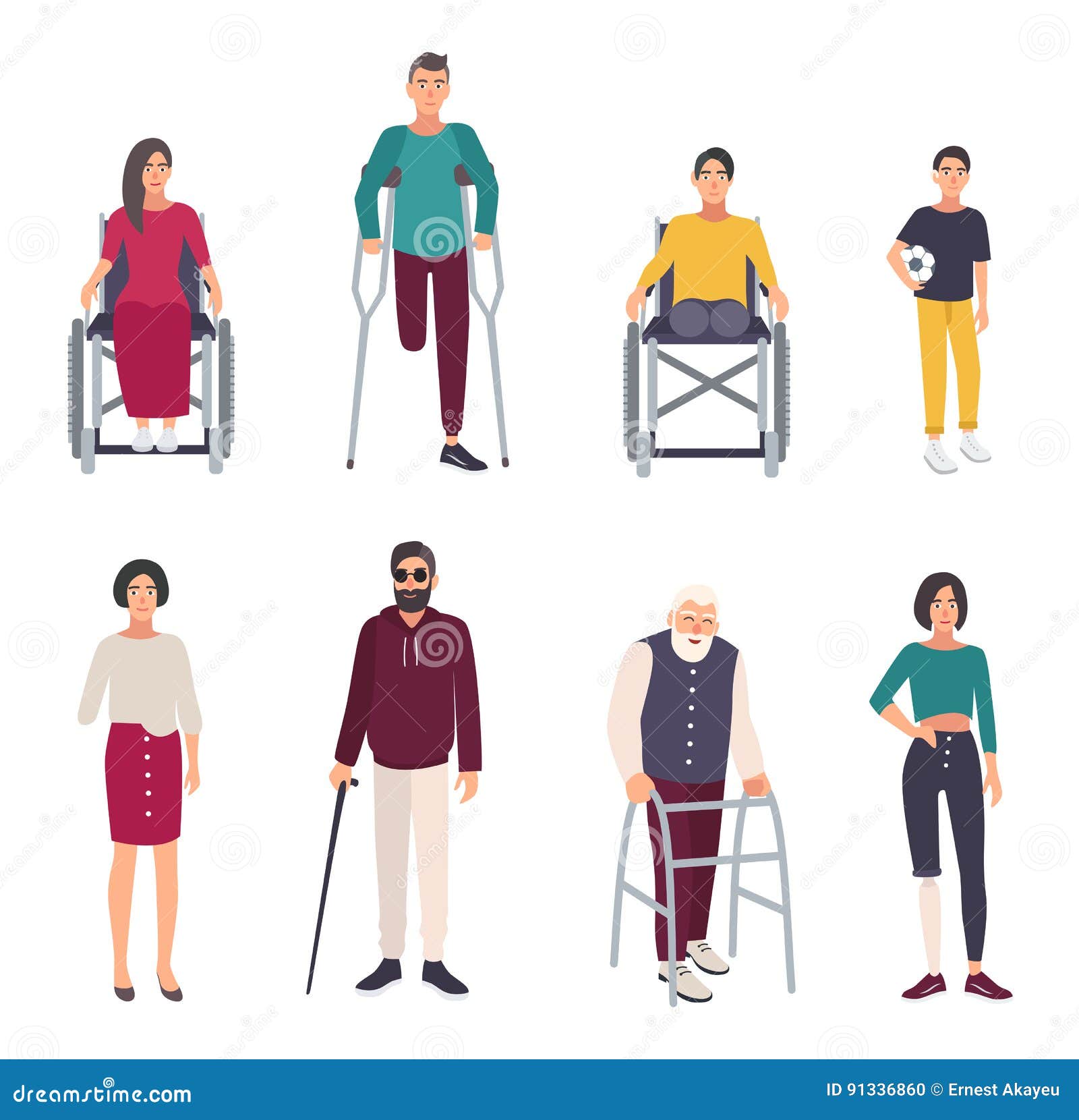 Different Disabled People. Cartoon Flat Illustrations Set. Stock Vector ...