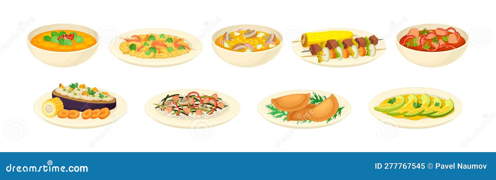 Different Dish and Food Served on Plate with Garnish Vector Set Stock ...